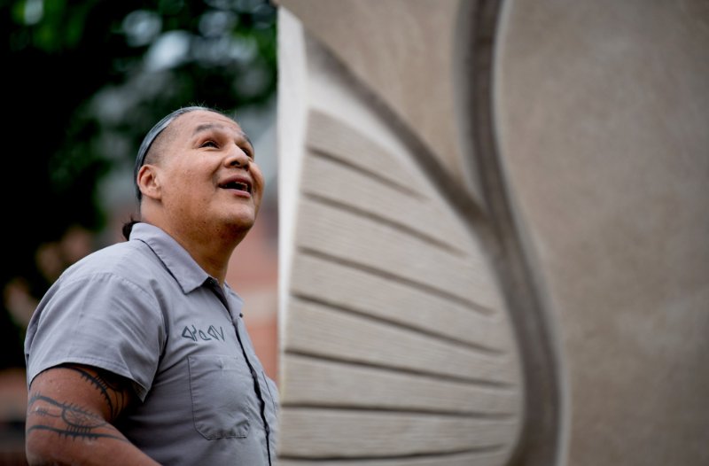New carved Anishinaabek limestone sculpture installed on Pew Grand ...